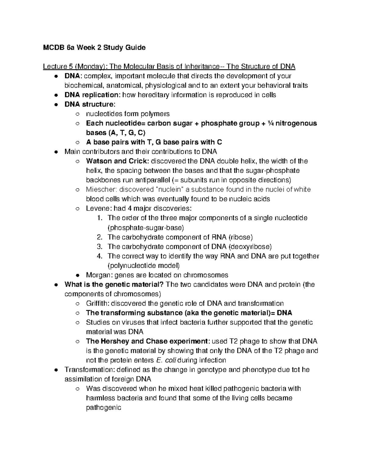 Week 2 Study Guide - MCDB 6a Week 2 Study Guide Lecture 5 (Monday): The ...