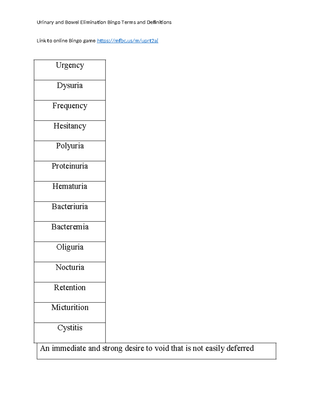 Urinary + Bowel Elimination Bingo - Urinary and Bowel Elimination Bingo ...