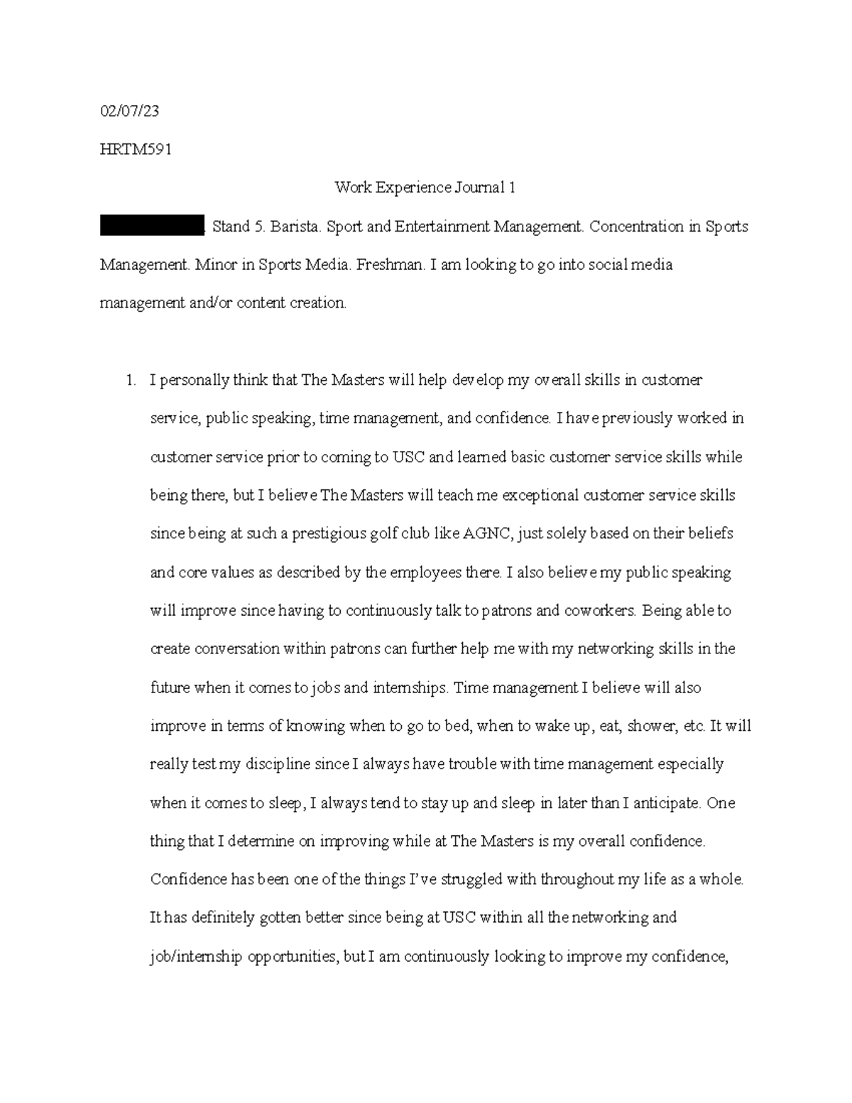 HRTM591 - Work Experience Journal 1 - 02/07/ HRTM Work Experience ...