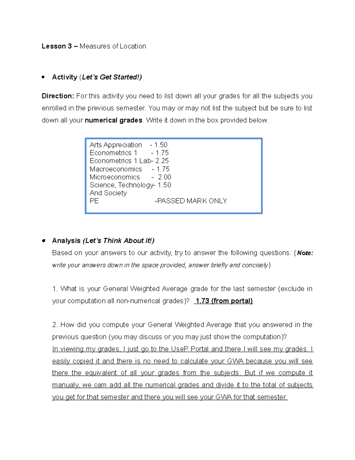 Measures of Location - Activity, Analysis, and Application - Lesson 3 ...