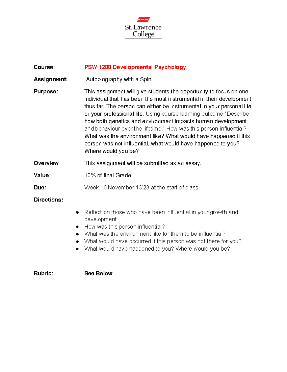 Autobiography assignment Rubric - Course: PSW 1200 Developmental ...