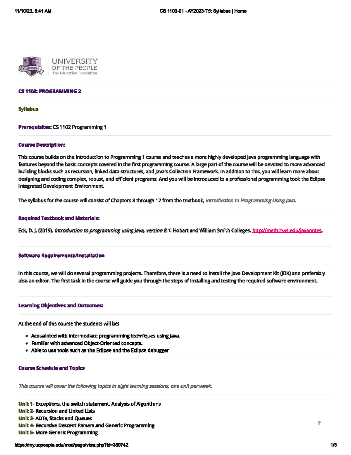 CS1102 Programming 2 Syllabus - CS 1103 - Studocu