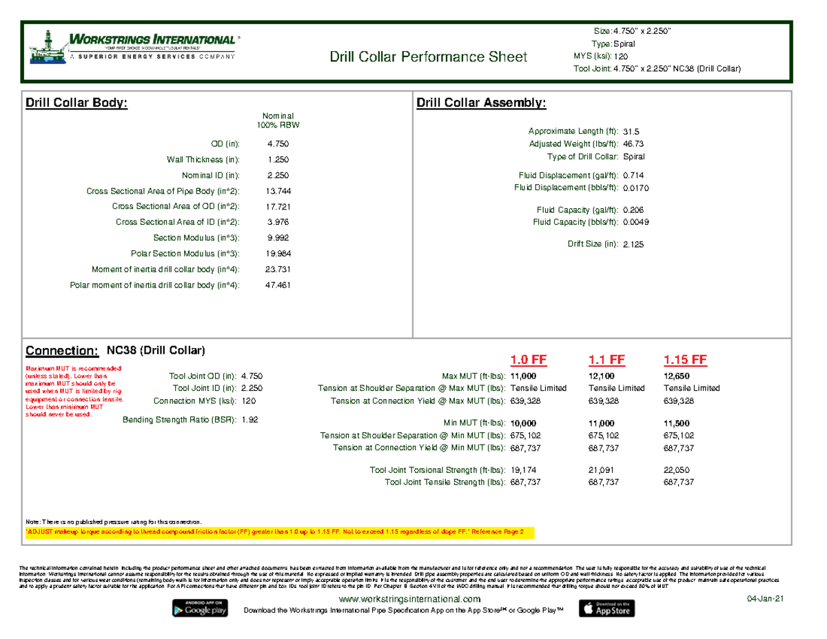 4.750OD Conexión NC38 - Performance Sheet Drill Collar ####### 4'' x 2 ...
