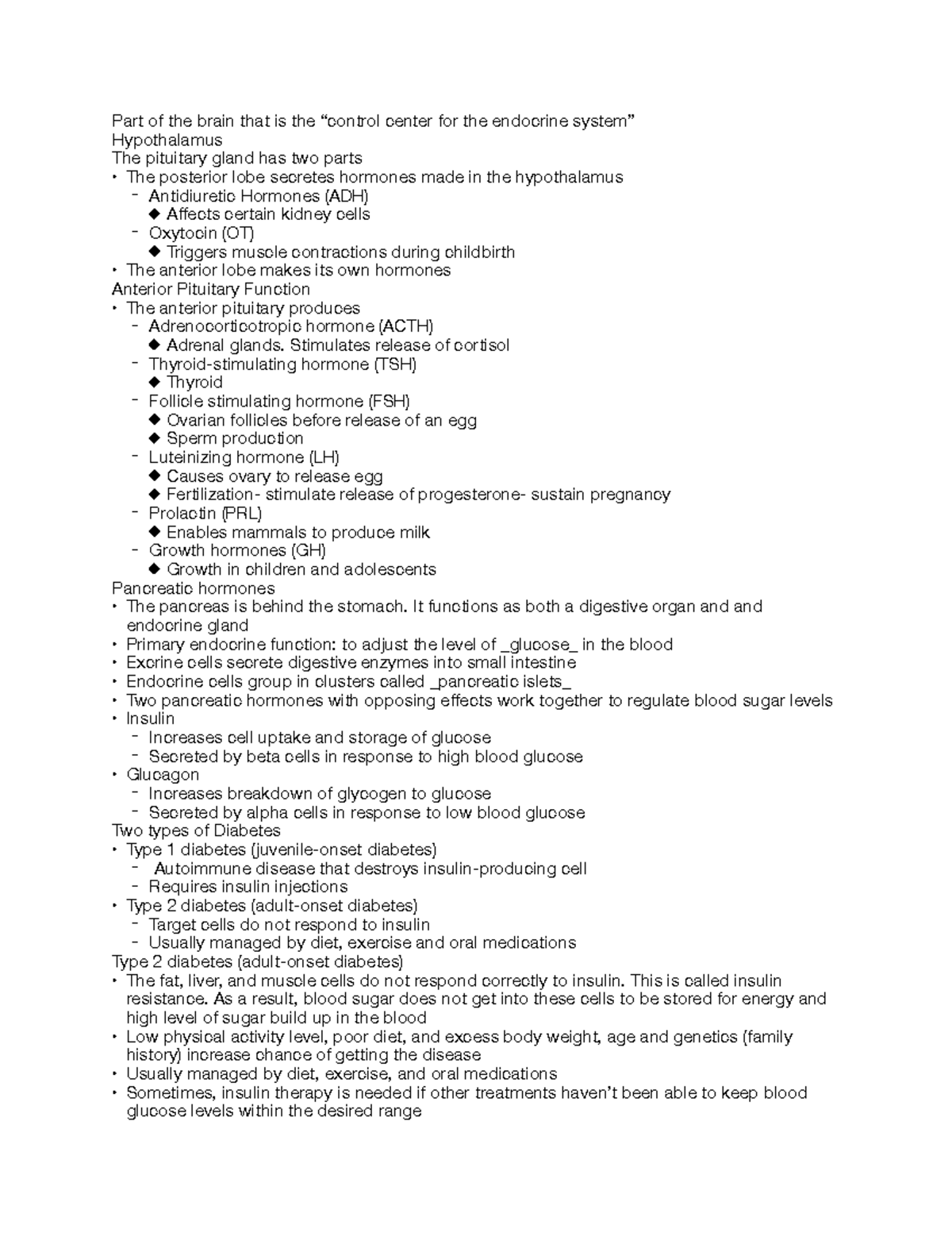 Endocrine system pt2 - Part of the brain that is the “control center ...