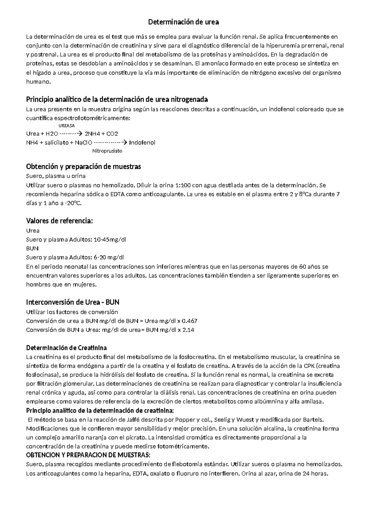 Determinación de urea y creatinina - Determinación de urea La ...