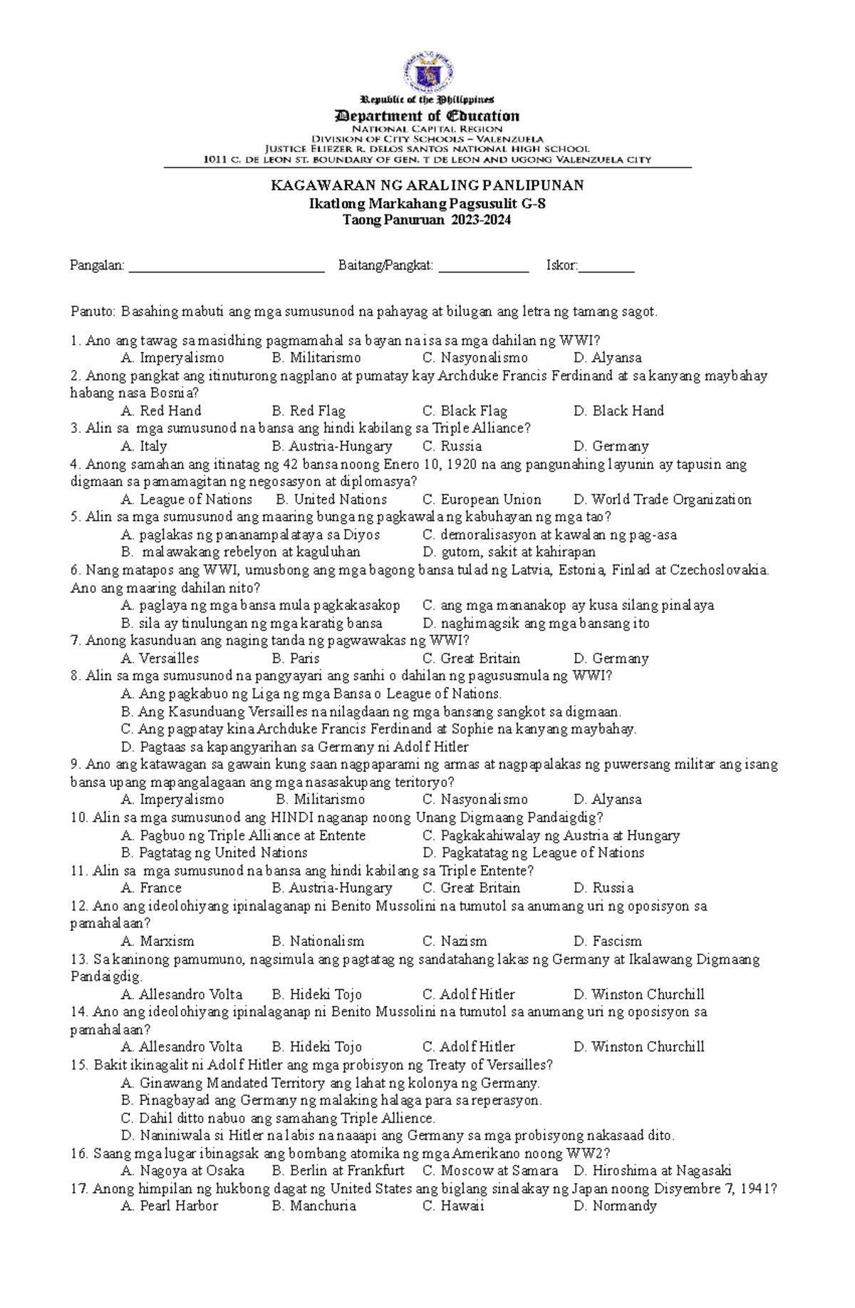 Grade 8 Fourth Quarter Exam SY 2023 24 - KAGAWARAN NG ARALING ...