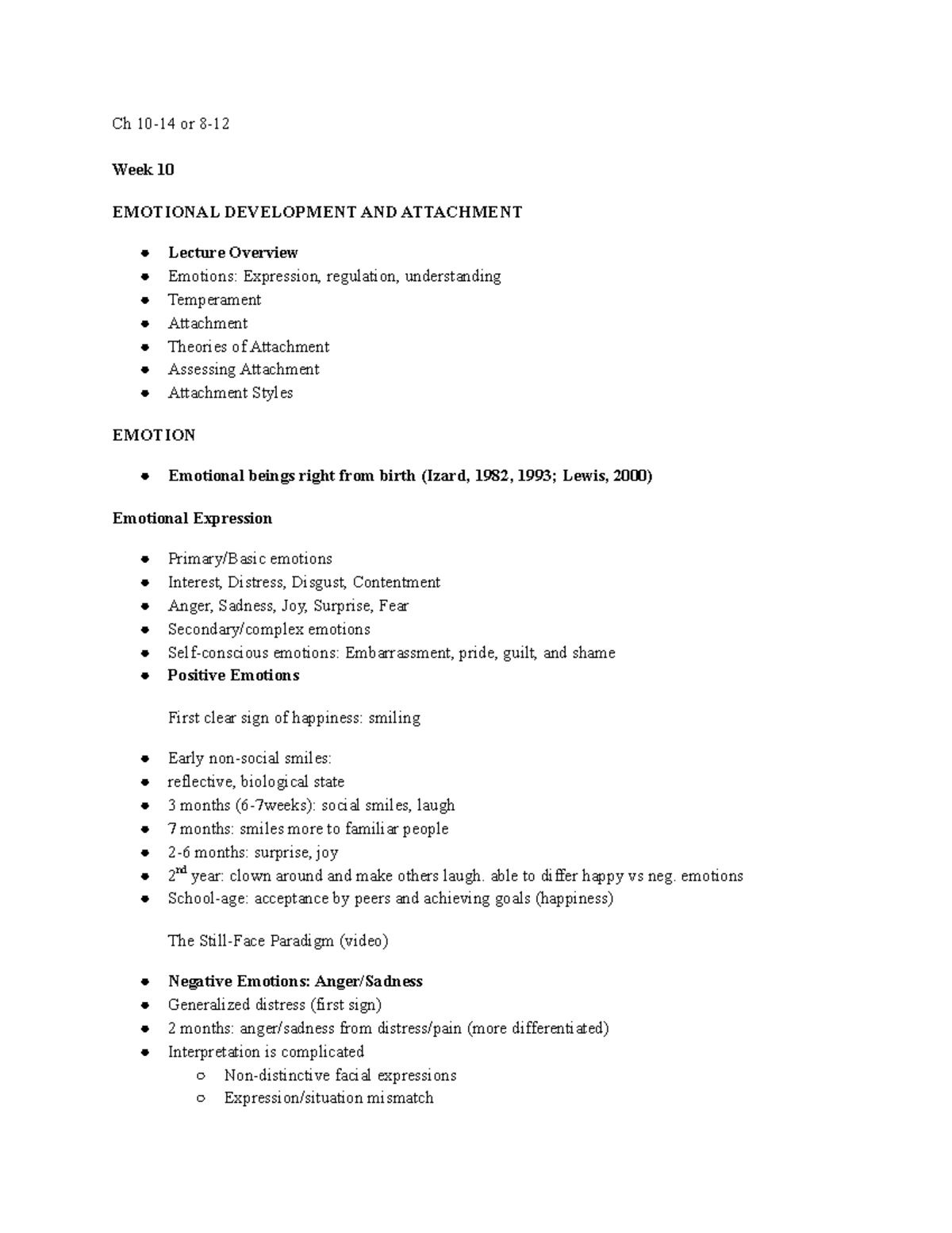 Psy 302 exam notes - Ch 10-14 or 8- Week 10 EMOTIONAL DEVELOPMENT AND ...