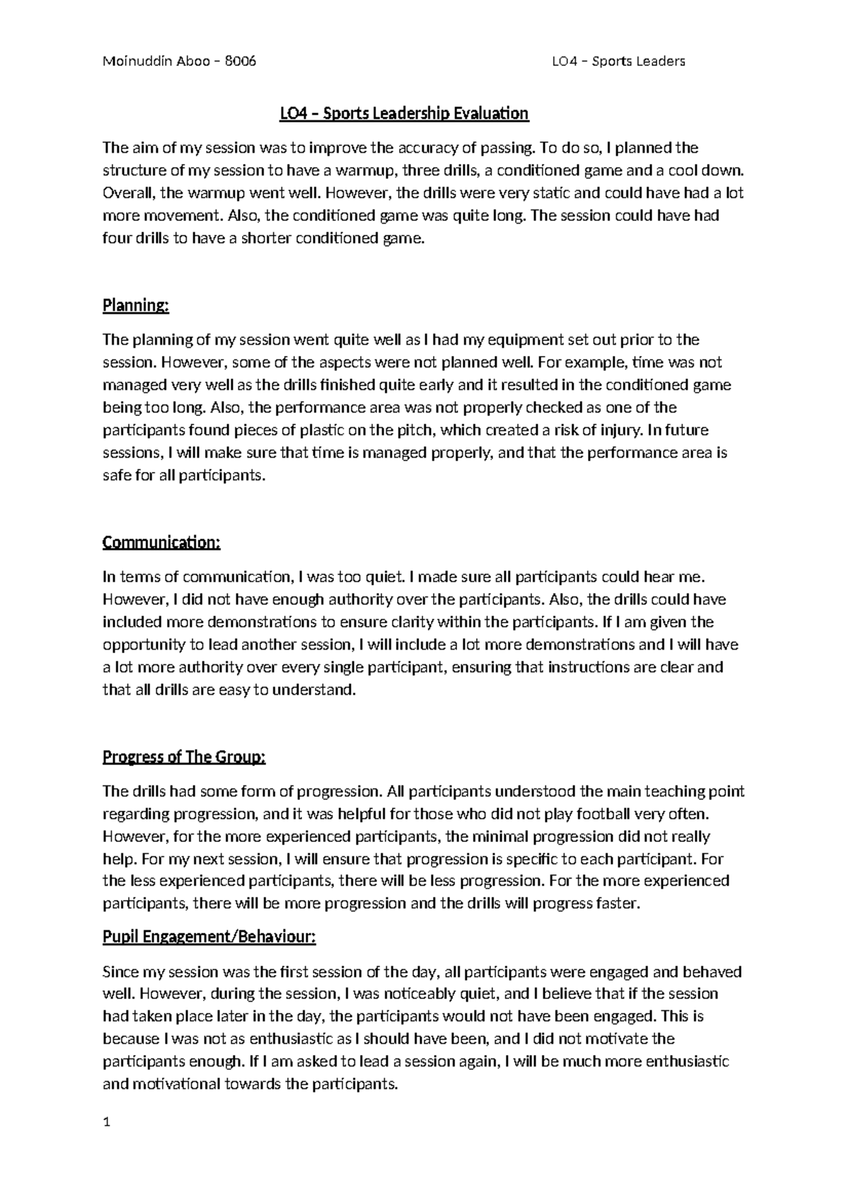LO4 - Sports Leadership Evaluation - Moinuddin Aboo – 8006 LO4 – Sports Leaders LO4 – Sports ...
