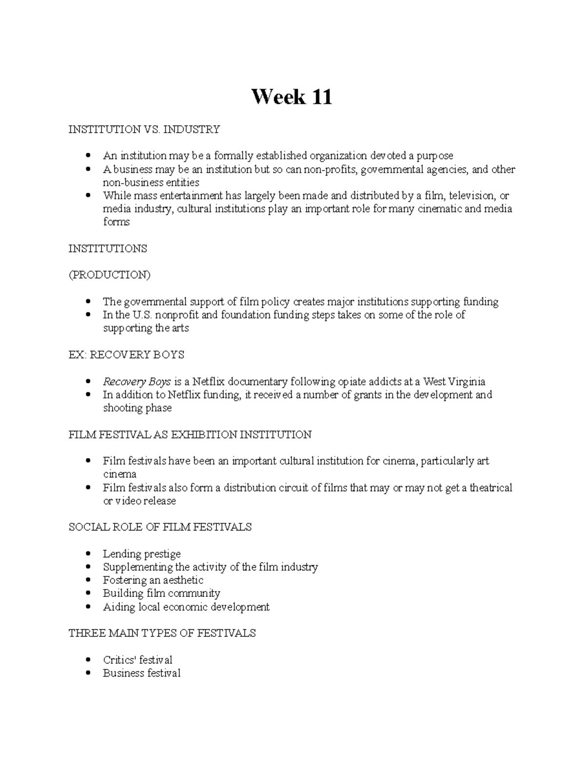 Film festival - Lecture Notes from Professor Cagle - Week 11 ...