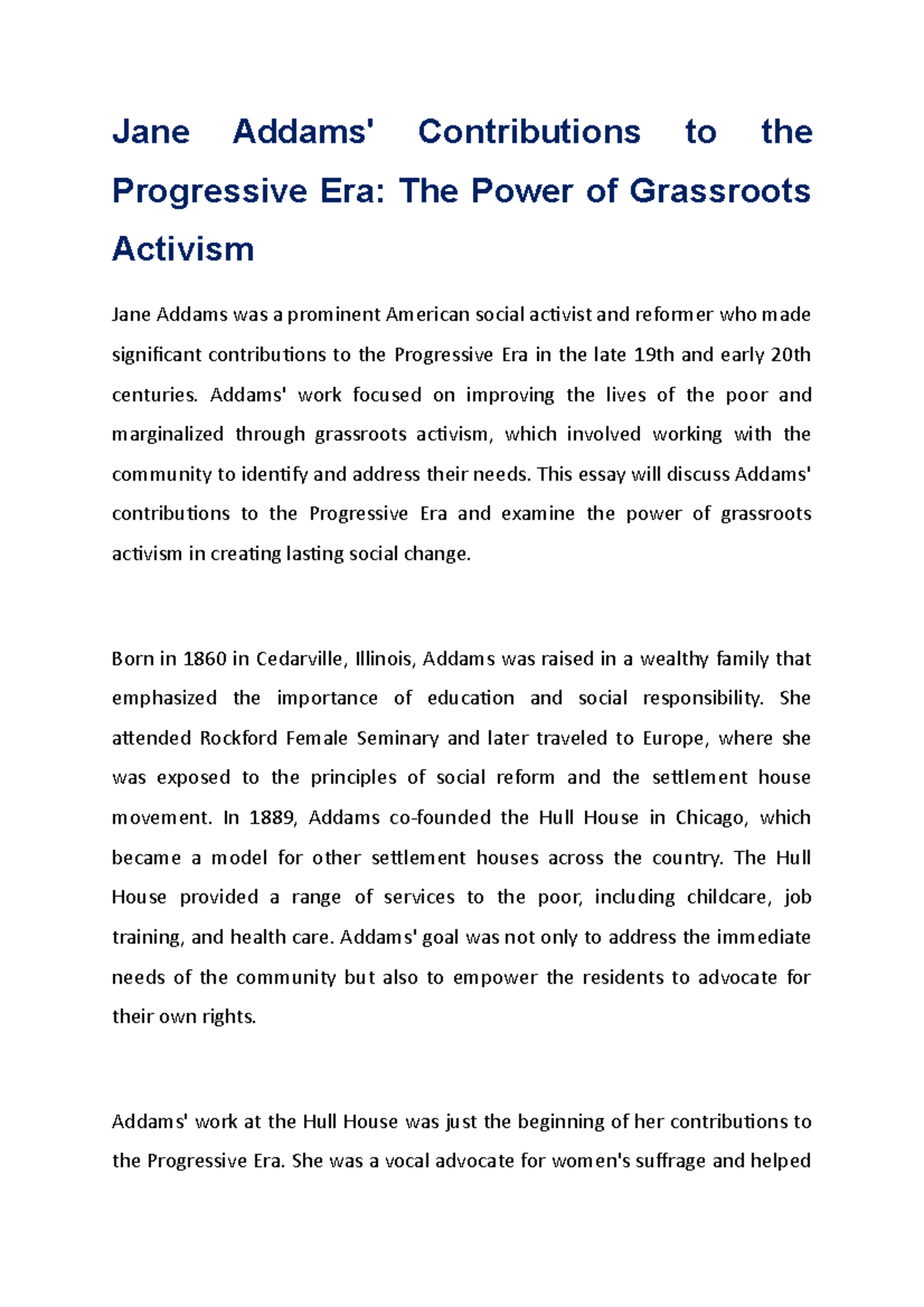 Jane Addams' Contributions to the Progressive Era, The Power of ...