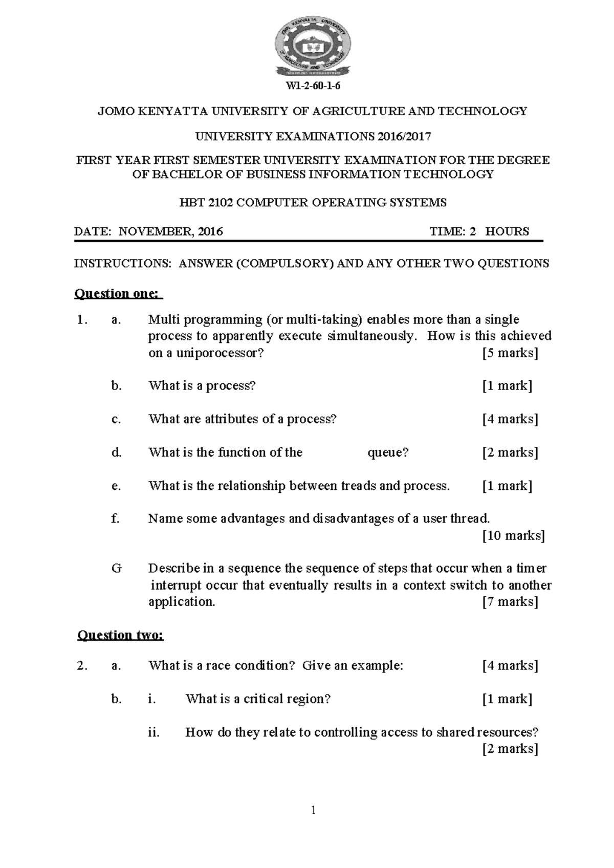 HBT 2102 Computer Operating Systems - W1-2-60-1- JOMO KENYATTA ...