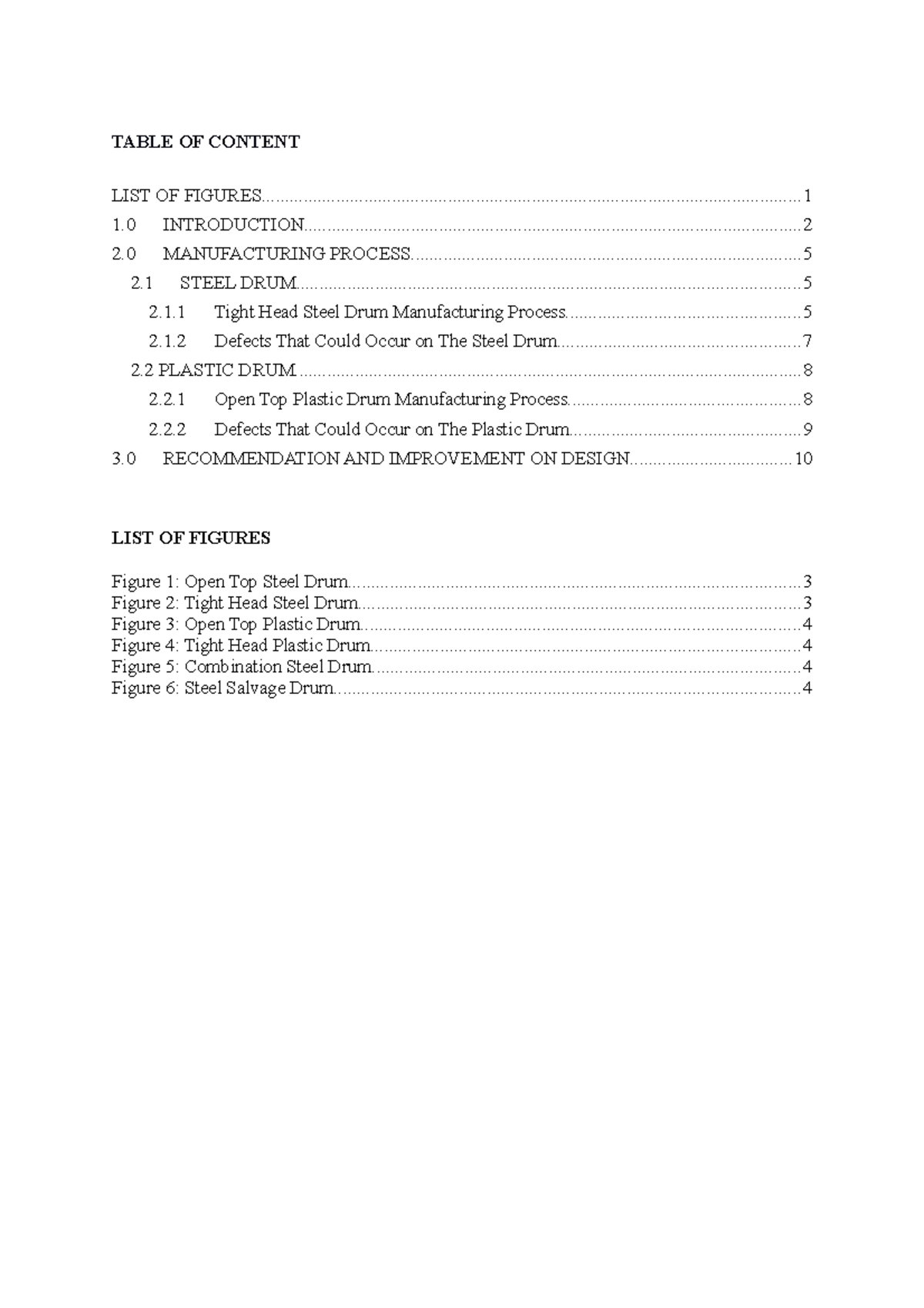Manufacturing individual assignment - TABLE OF CONTENT LIST OF - Studocu