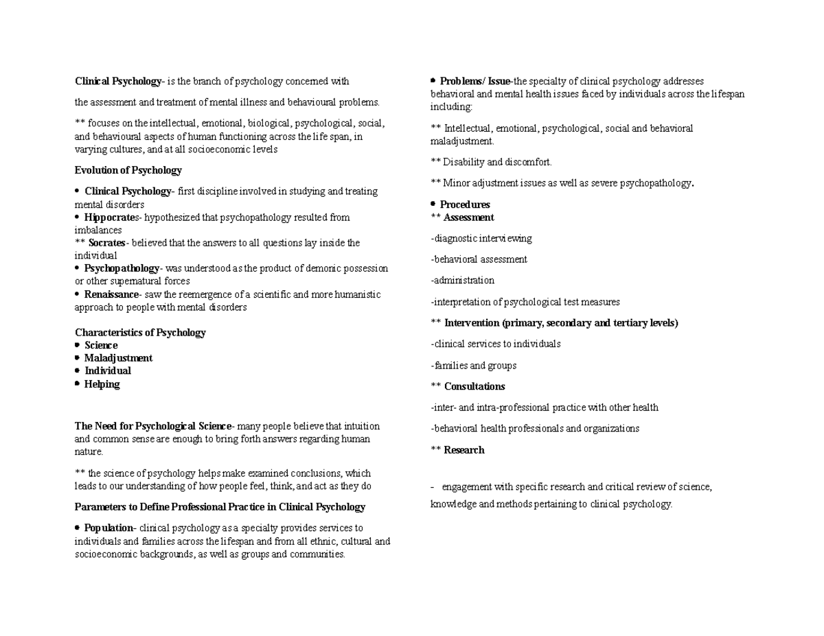 Clinical-Psychology - Lecture notes History of ClinAb Psych - Clinical ...