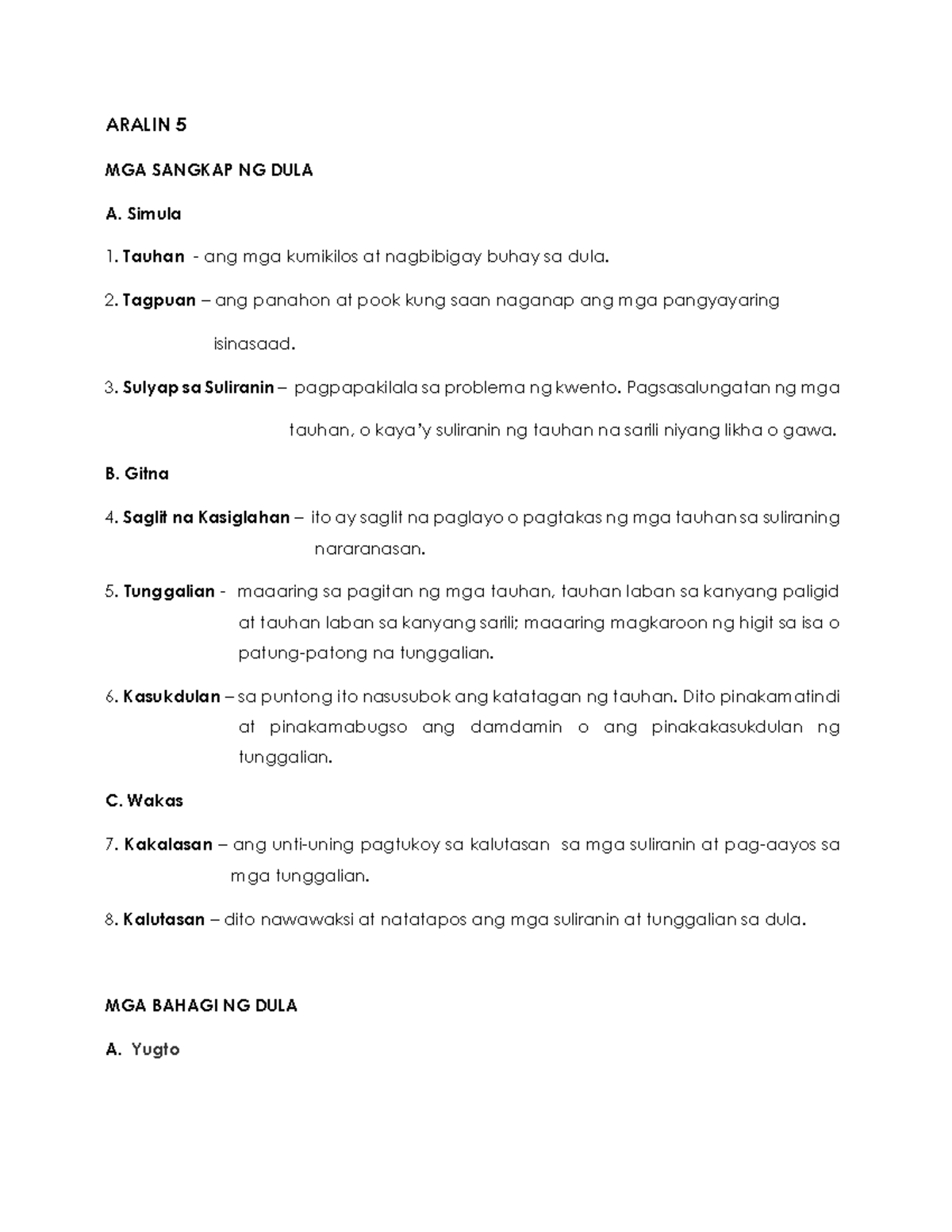 Aralin-5 - DULA - ARALIN 5 MGA SANGKAP NG DULA A. Simula Tauhan - ang ...