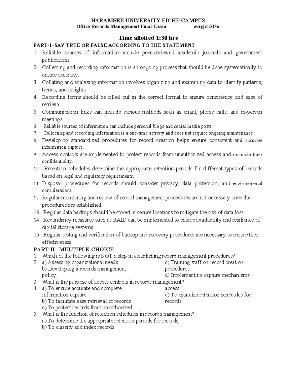 Record EXAM - more read nice material - Office Records Management Final ...