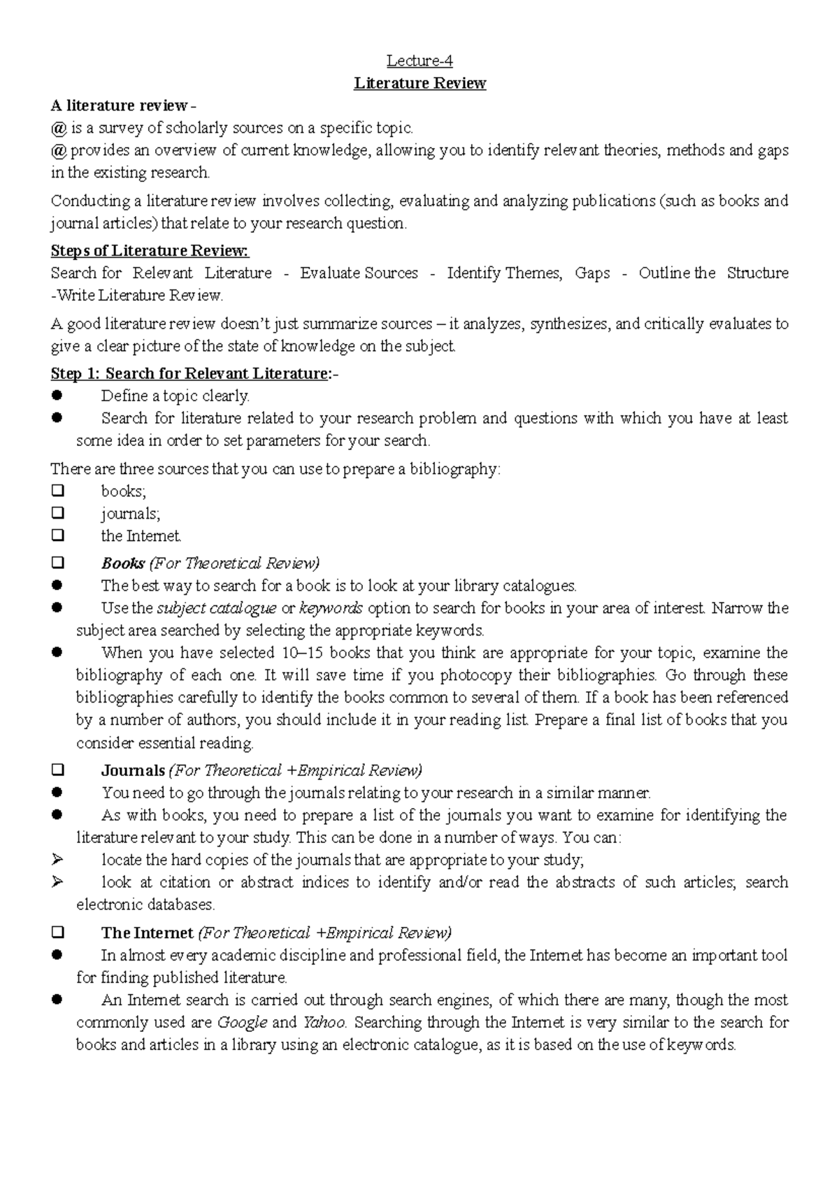 Lecture 4 Literature Review - Lecture- Literature Review A literature ...