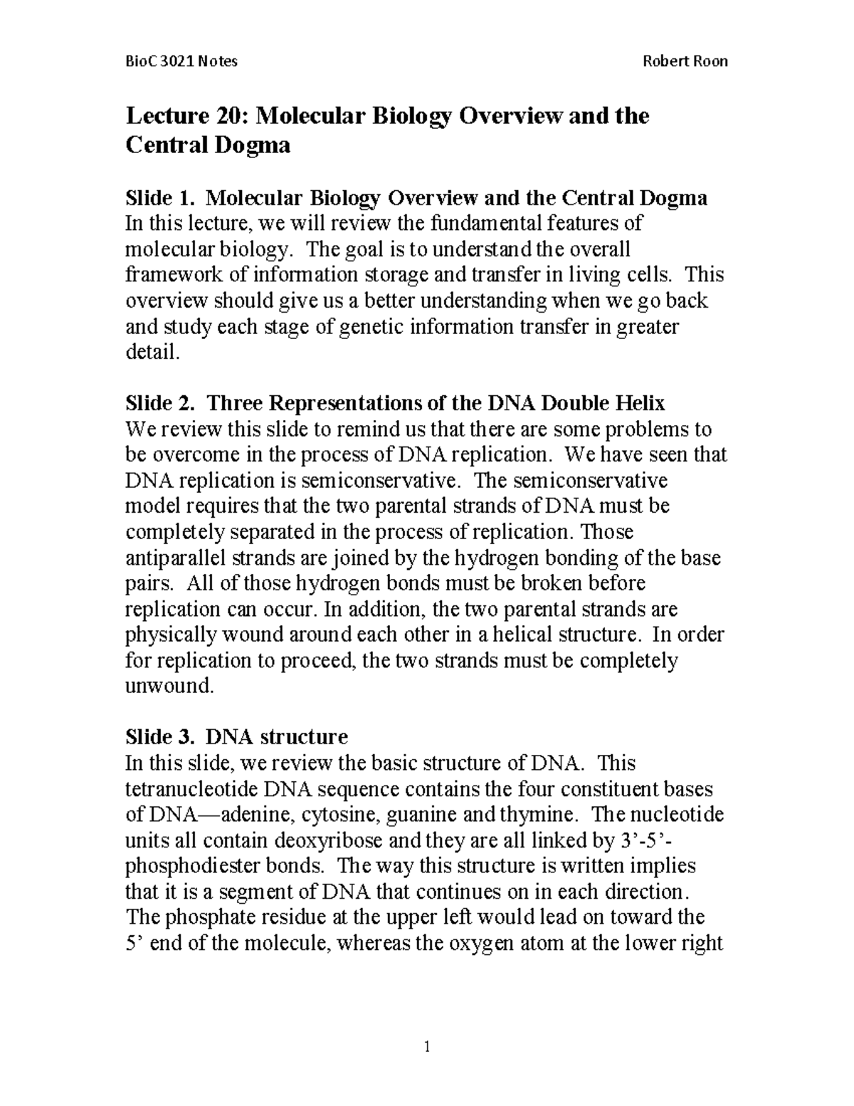 Lecture 20 Molecular Biology Overview and Central Dogma - Lecture 20 ...