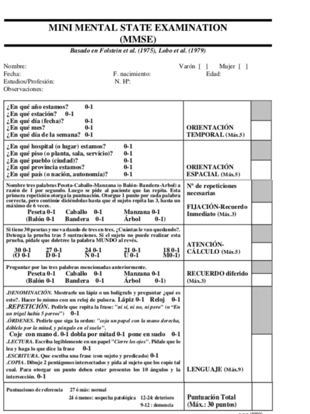 Mini mental - MINI MENTAL STATE EXAMINATION (MMSE) Basado en Folstein ...