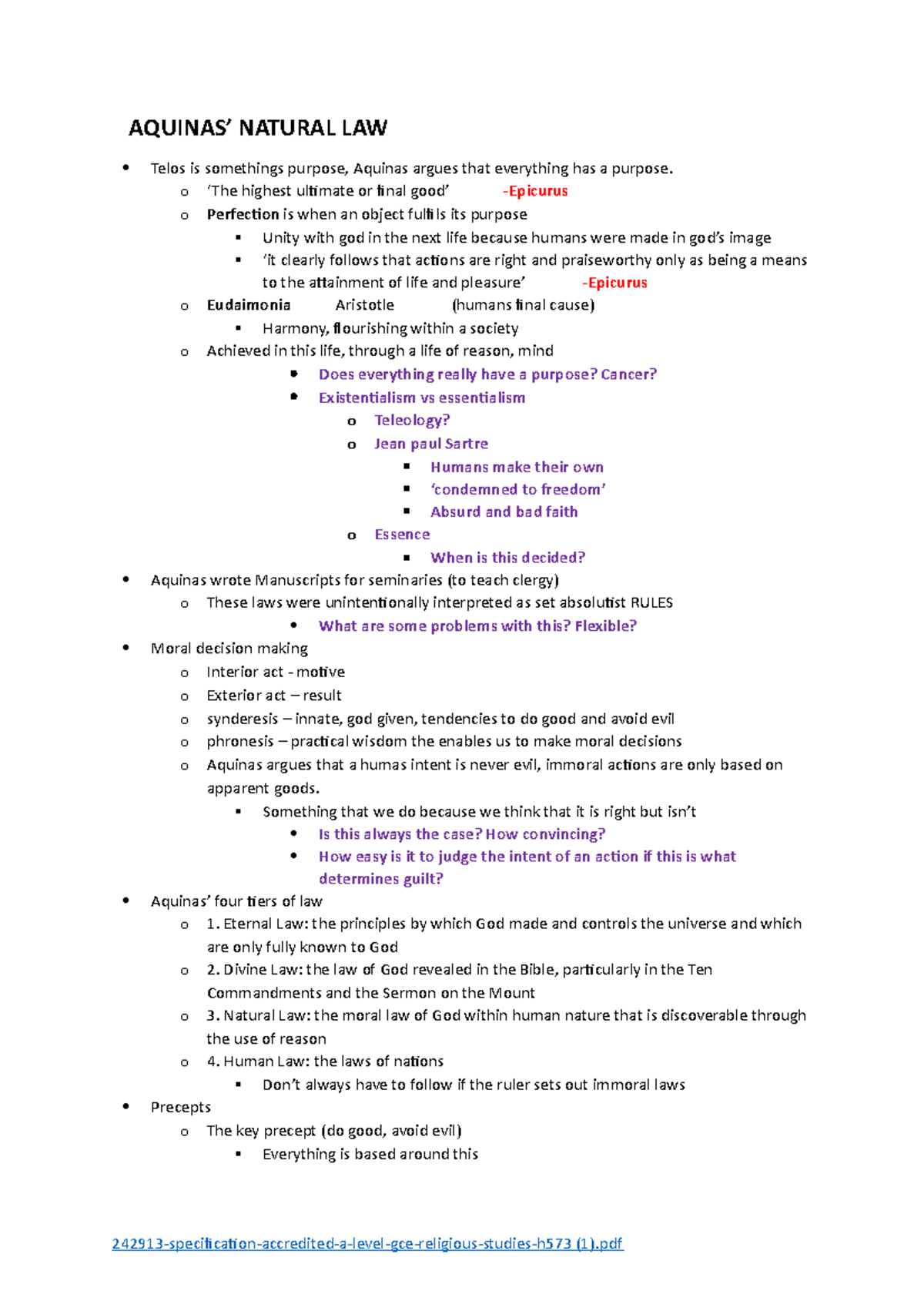 Summary of Norm.eth. religious approaches - AQUINAS’ NATURAL LAW Telos ...