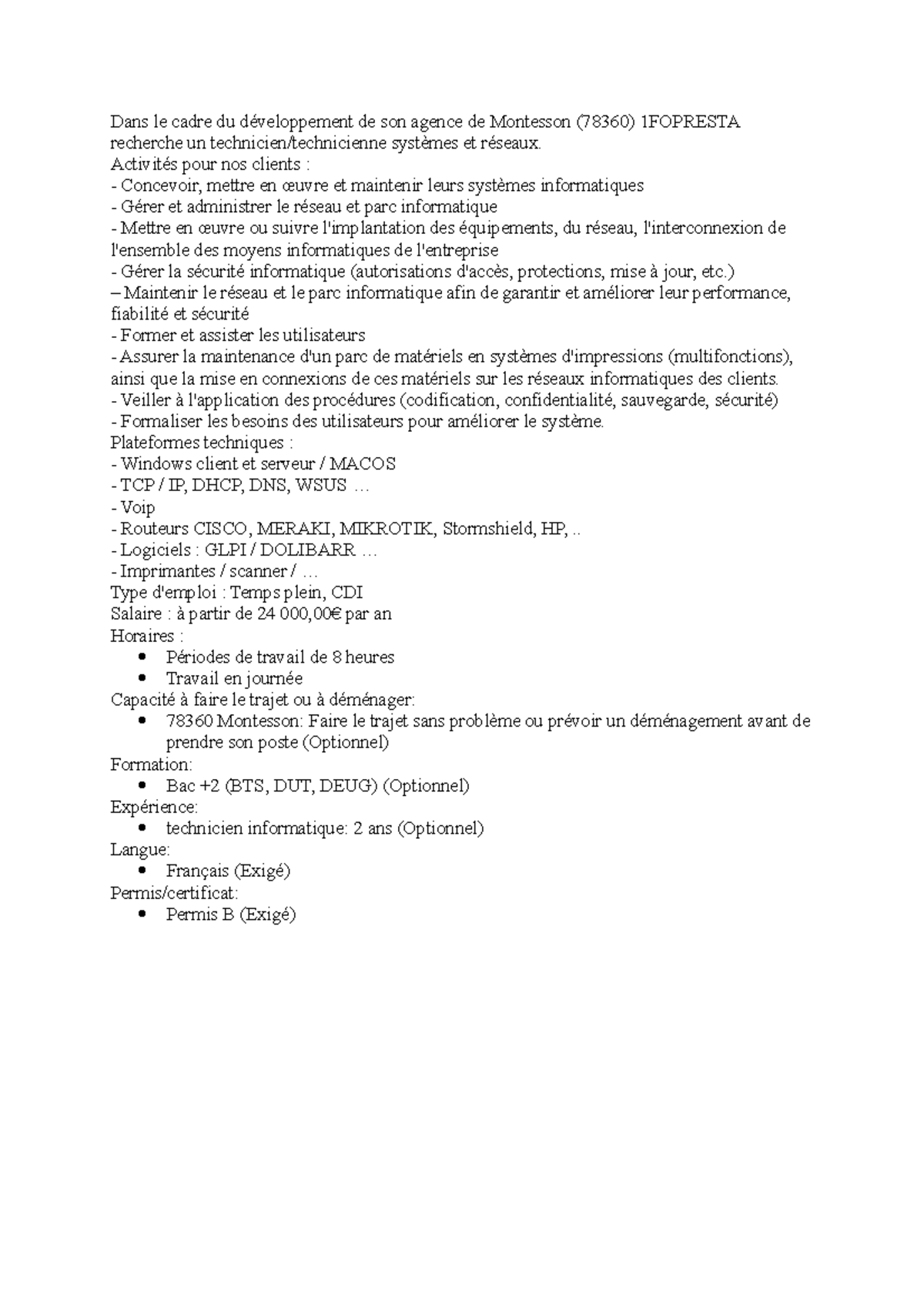 Fiche DE Poste TSSR - Dans le cadre du développement de son agence de ...