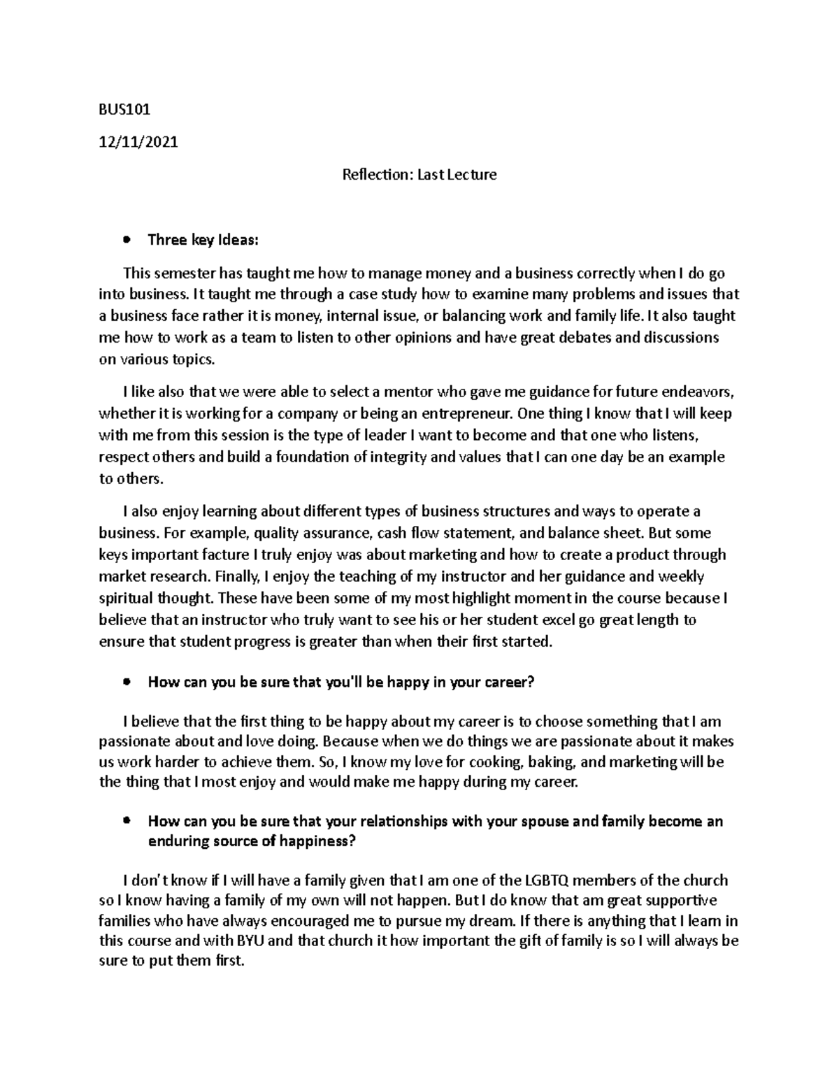 W14 Reflection Last Lecture Kelvin Rowe - BUS 12/11/ Reflection: Last ...