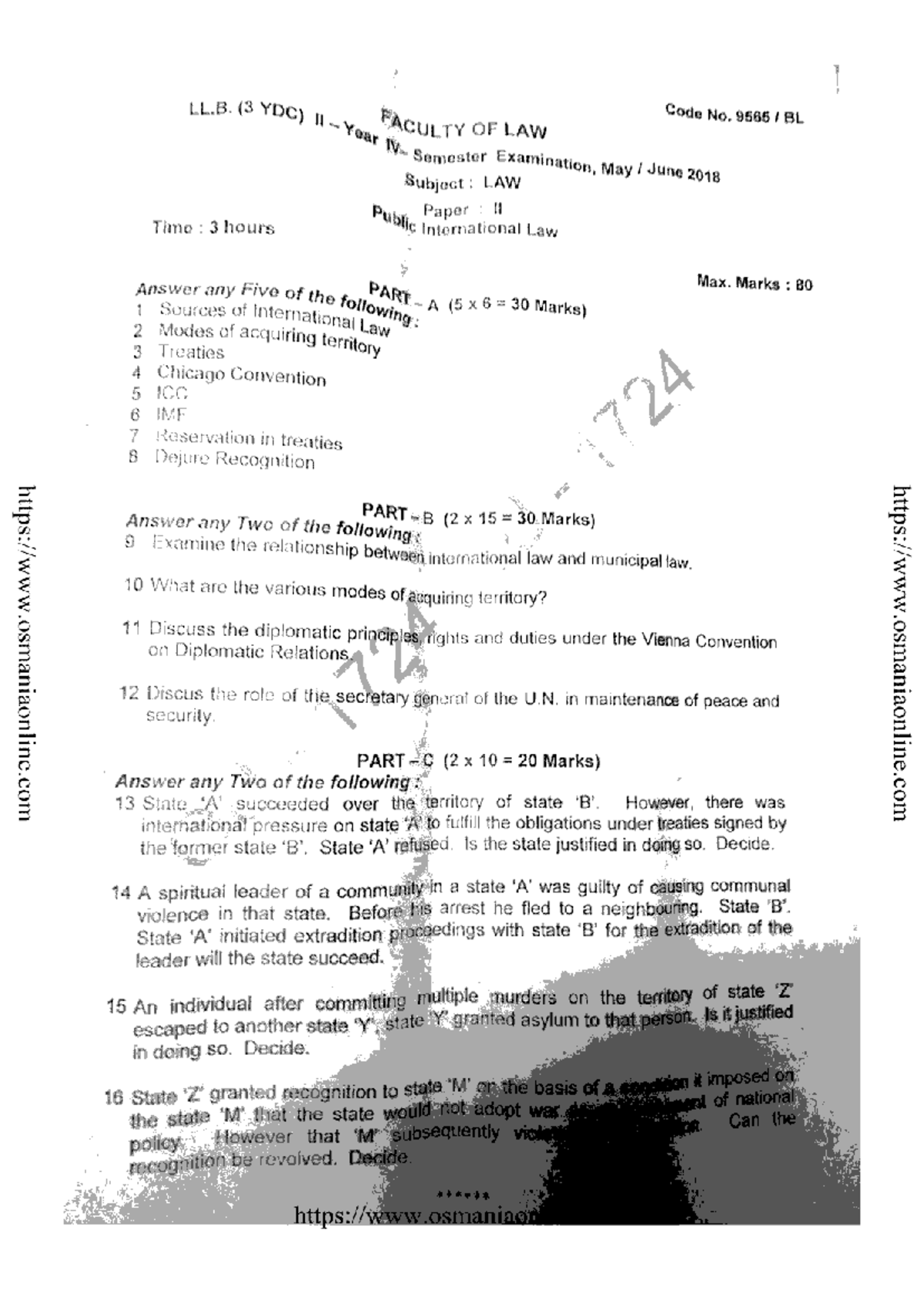 Llb 4 sem law public international - LL. Code No. 9565 BL FACULTY OF LAW Examination, May June ...