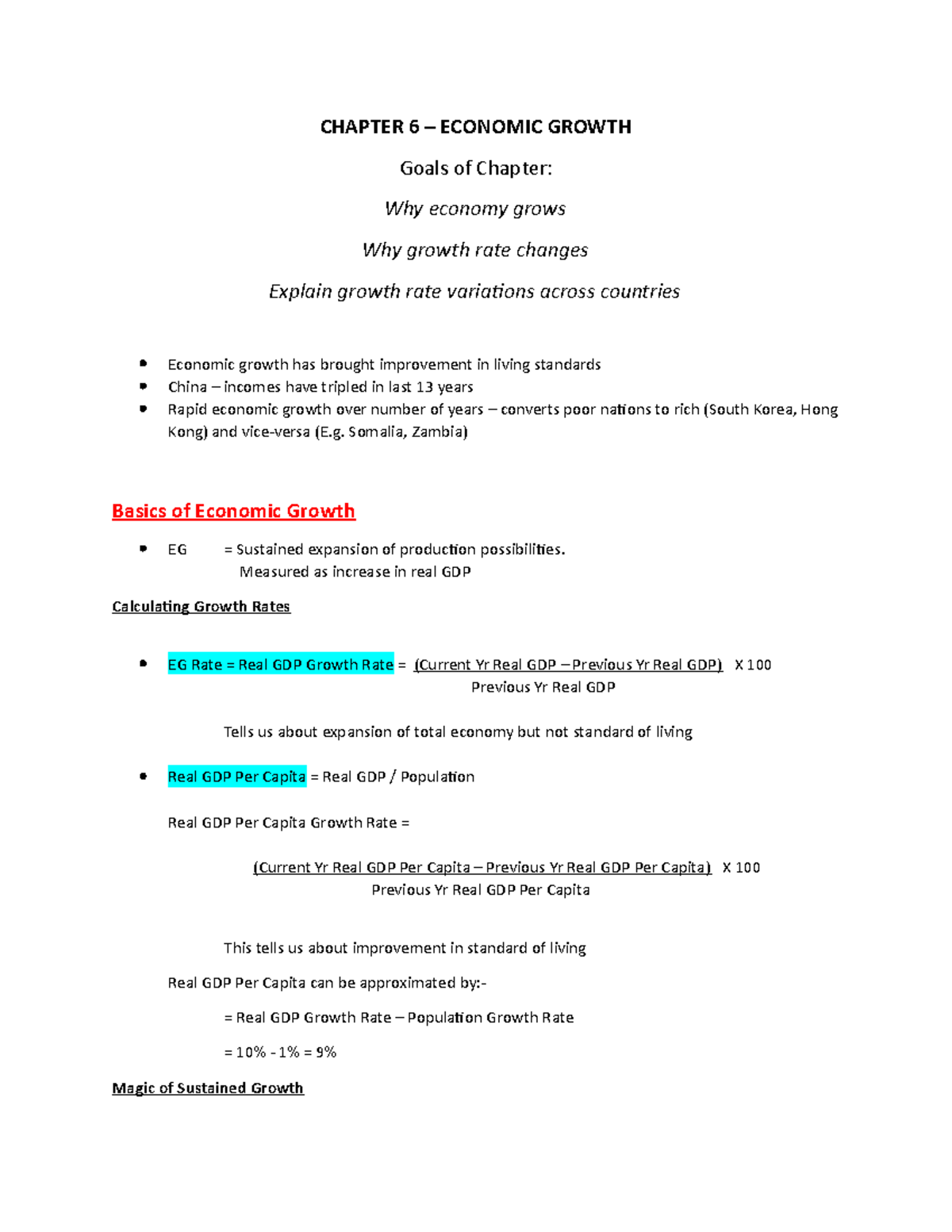 Notes Chapter 6 - CHAPTER 6 – ECONOMIC GROWTH Goals of Chapter: Why ...