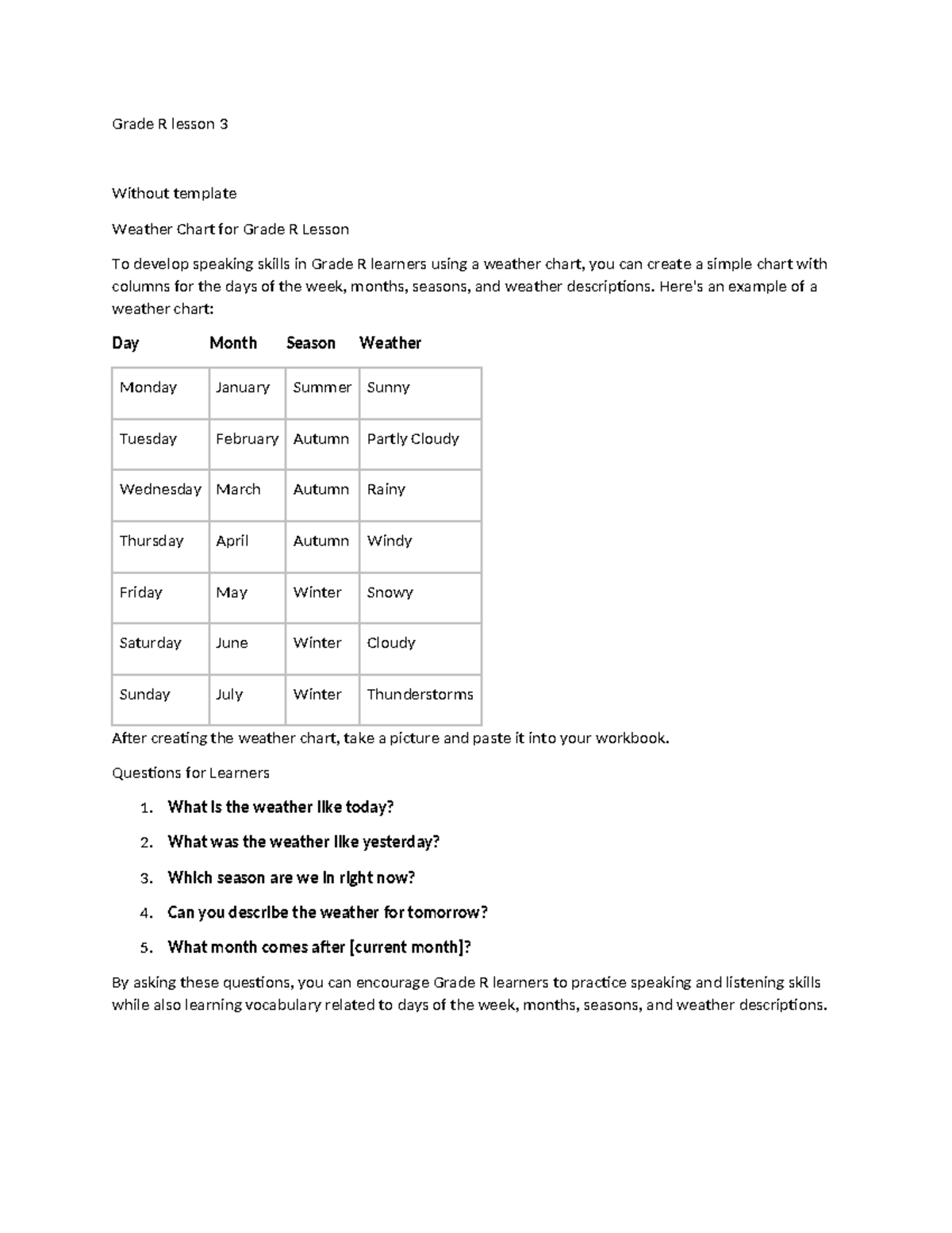 Grade R lesson 3 - assignments - Grade R lesson 3 Without template ...