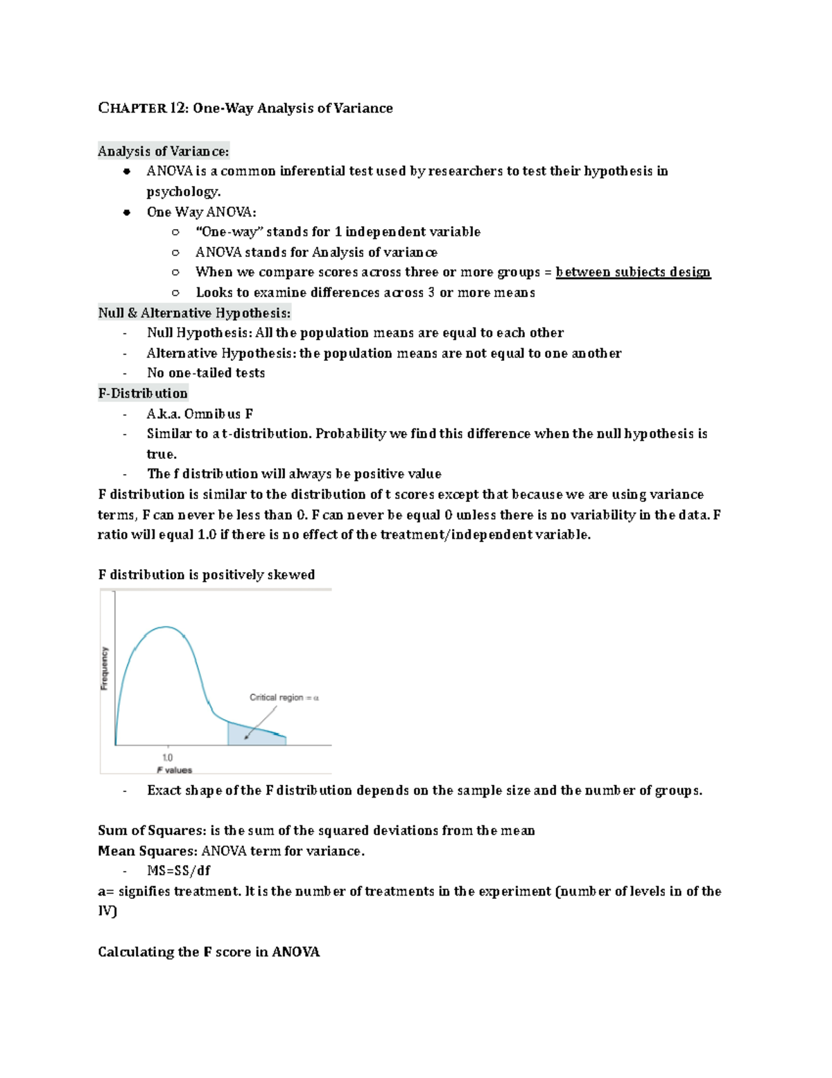 Notes Chapter 12-15 - Chapter 12: One-Way Analysis of Variance Analysis ...