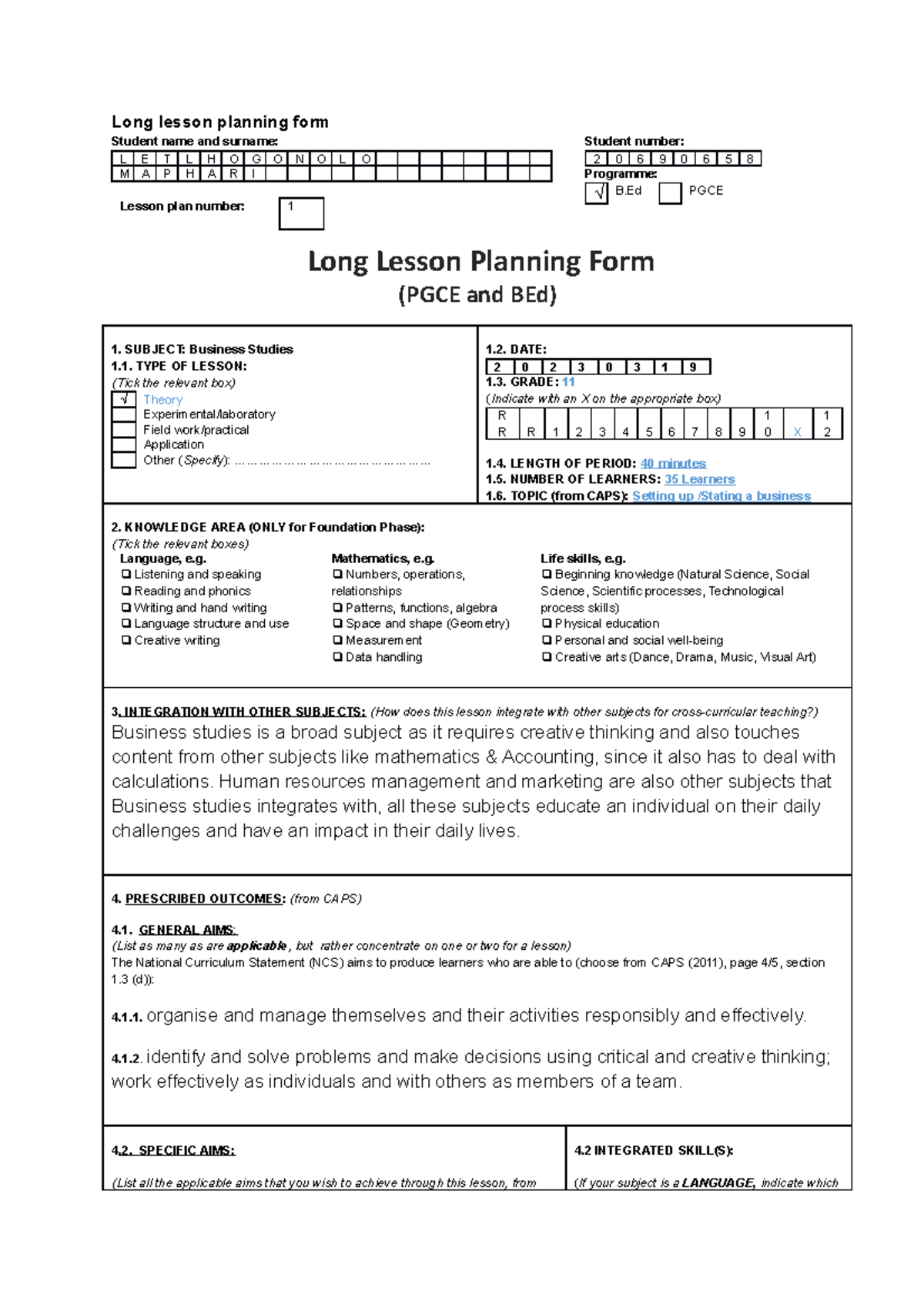 Final Draft OF Lesson PLAN - Long lesson planning form Student name and ...
