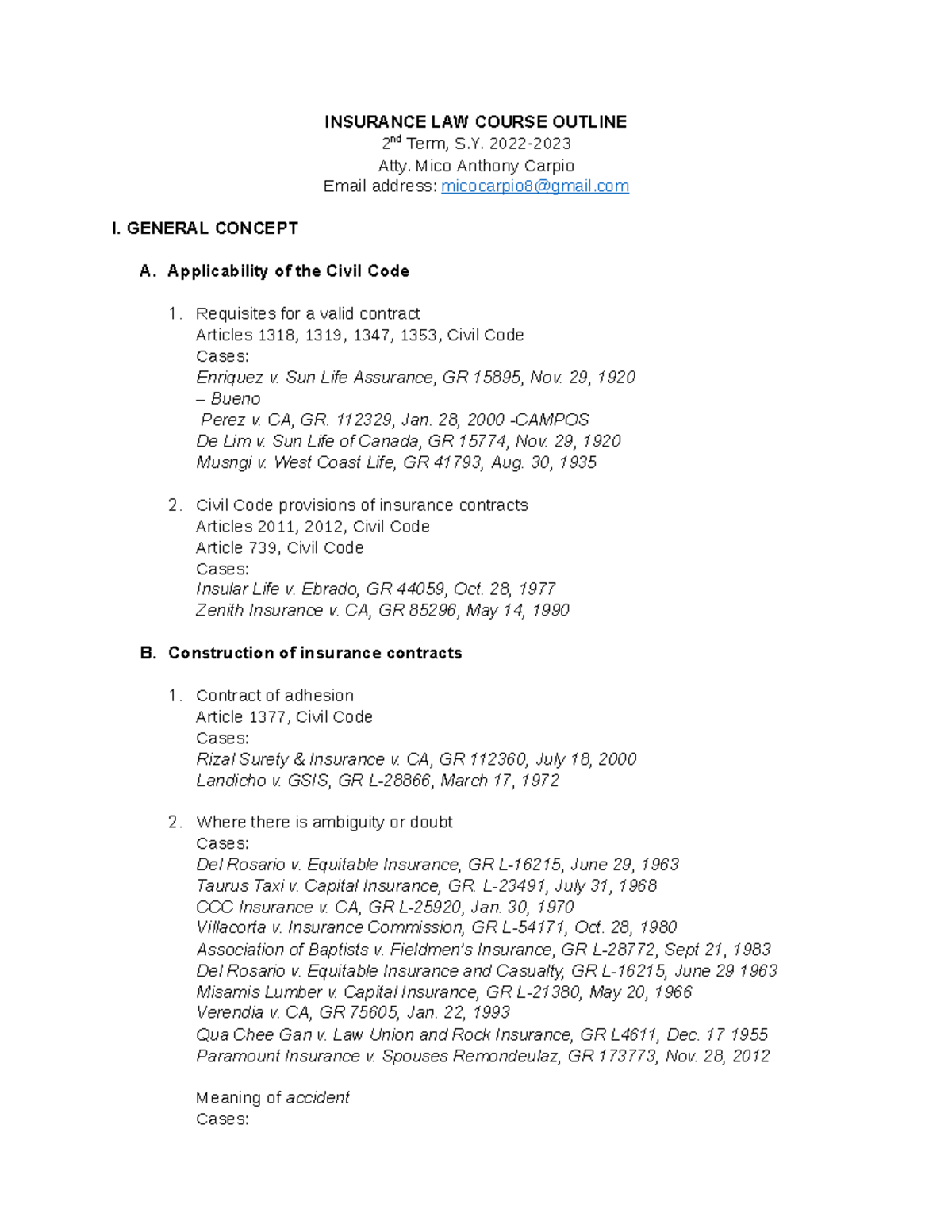 Insurance LAW Course Outline - INSURANCE LAW COURSE OUTLINE 2 nd Term ...