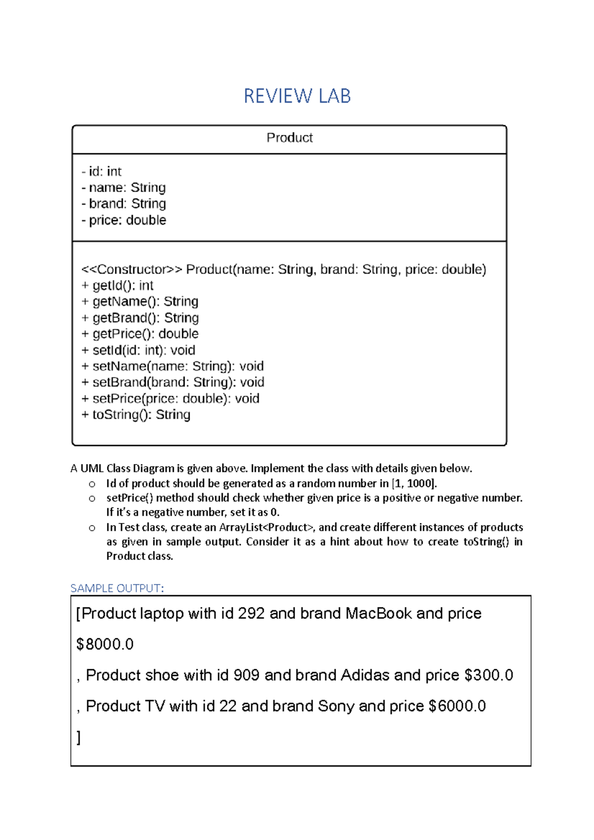 Week 1 Review Lecture Notes Review Lab A Uml Class Diagram Is Given Above Implement The