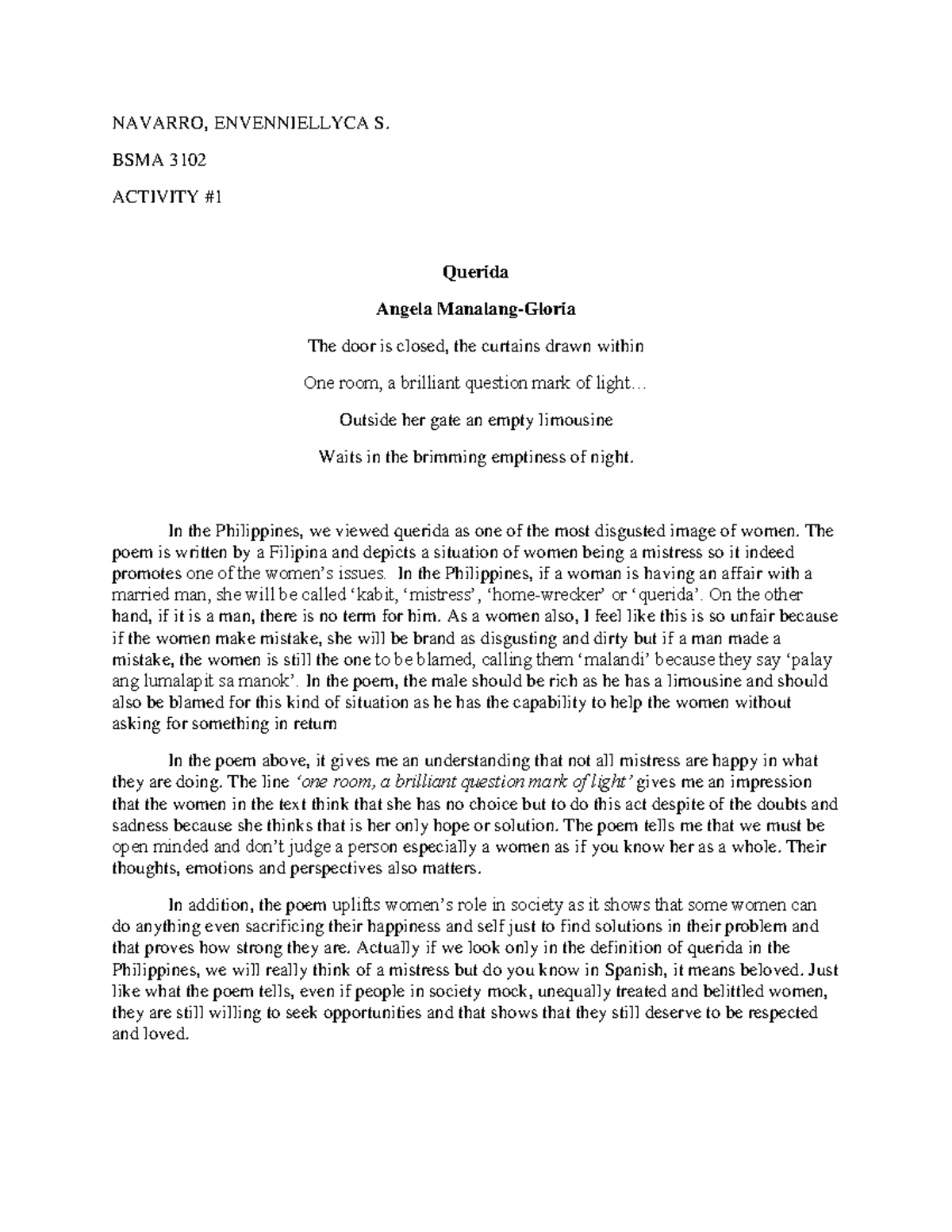 Literature poem - Poem analysis - NAVARRO, ENVENNIELLYCA S. BSMA 3102 ...
