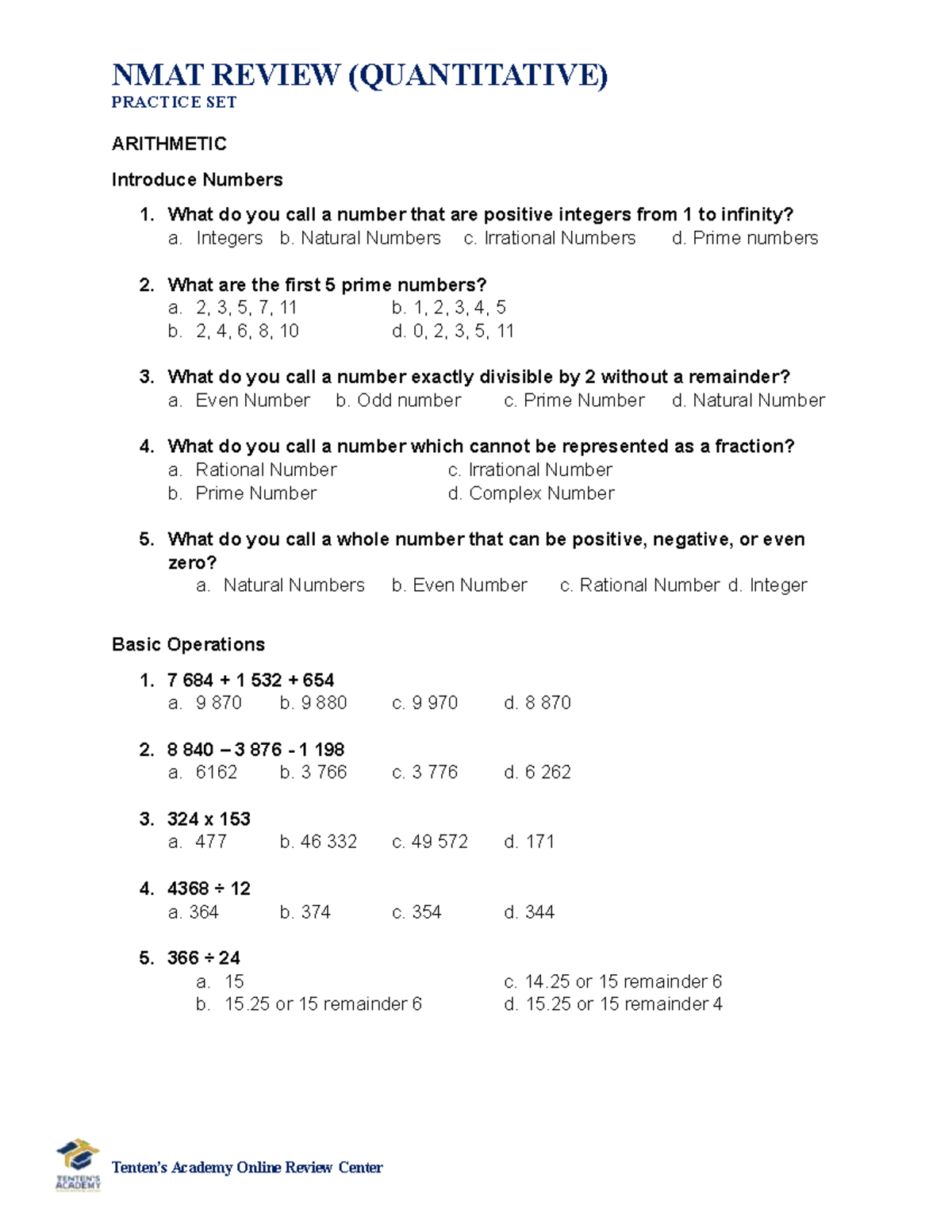 NMAT Quantitative - Practice SET - PRACTICE SET ARITHMETIC Introduce ...