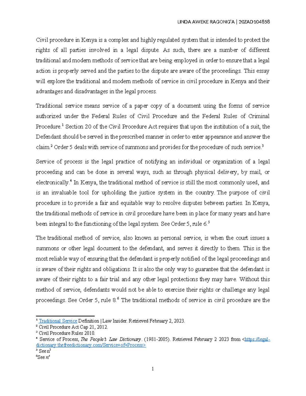 Civil Procedure I CAT 1 - this essay was based on traditional method os ...