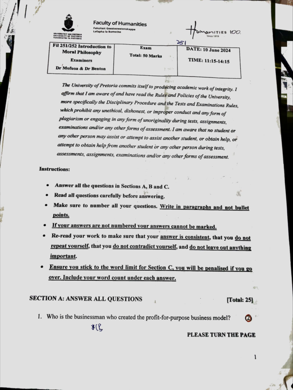 FIL 251 - 2024 Exam - Faculty of Humanities Fakulteit ...