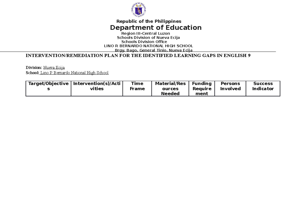 RDA-Intervention Plan 2022 - Department of Education Region III-Central ...