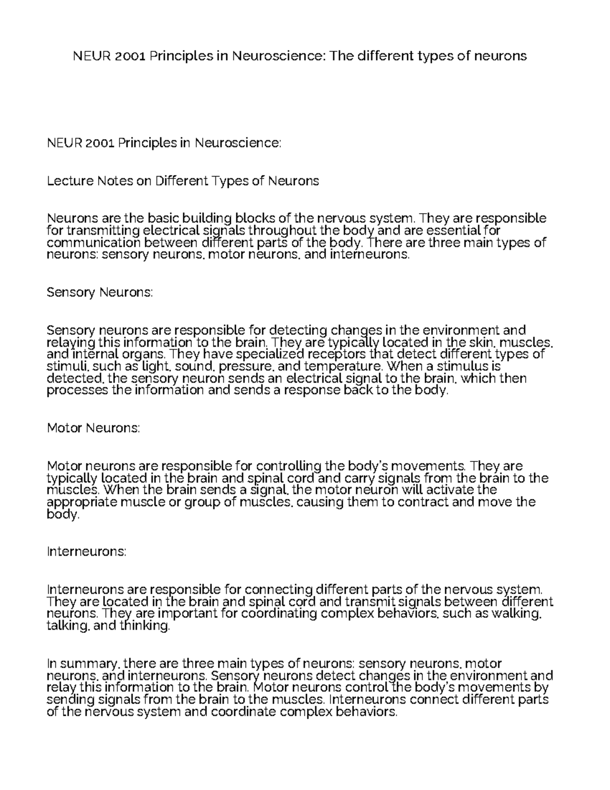 Notes-NEUR 2001 Principles IN Neuroscience-THE Different Types OF ...