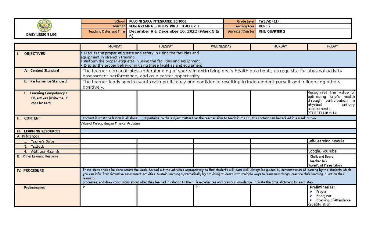 HOPE Q2 W5-6 - useful - DAILY LESSON LOG School PULO NI SARA INTEGRATED ...