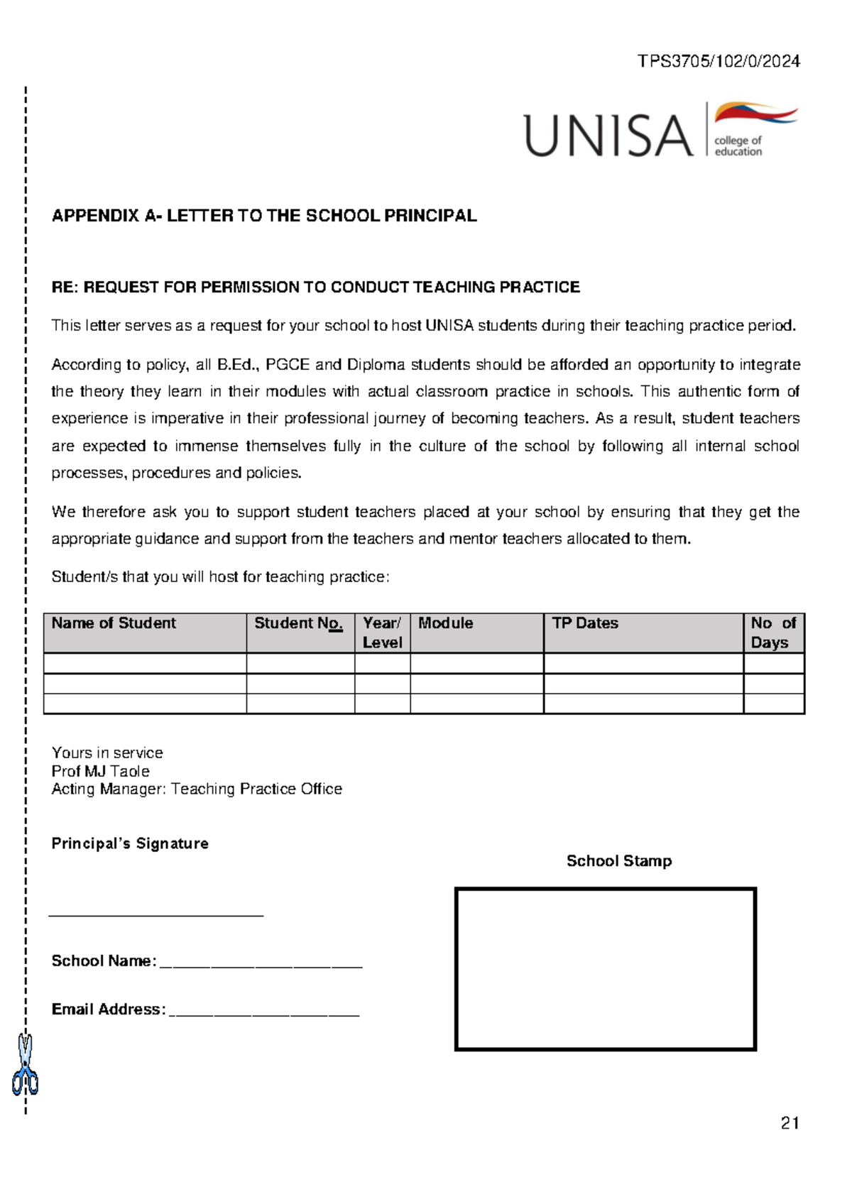 Teaching practice 3705 - APPENDIX A- LETTER TO THE SCHOOL PRINCIPAL RE ...