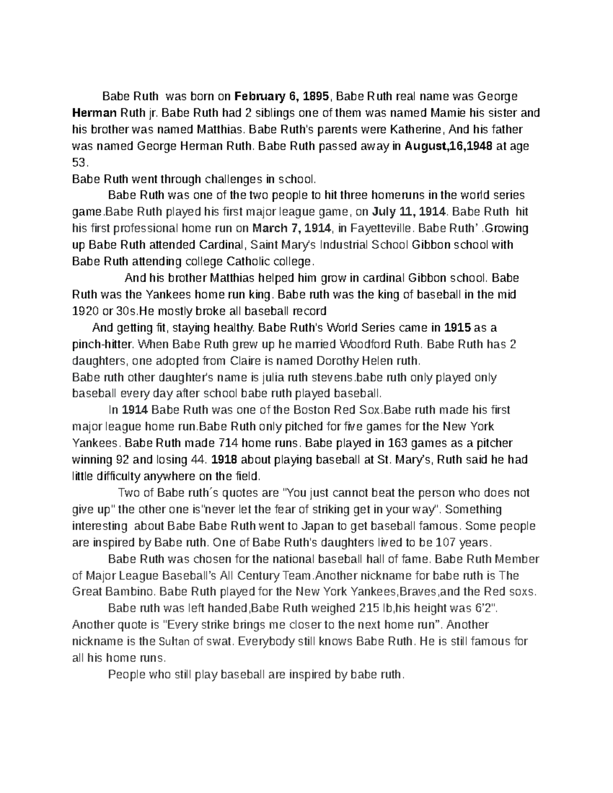 Wax museum-babe ruth - Google Docs - Babe Ruth was born on February 6 ...