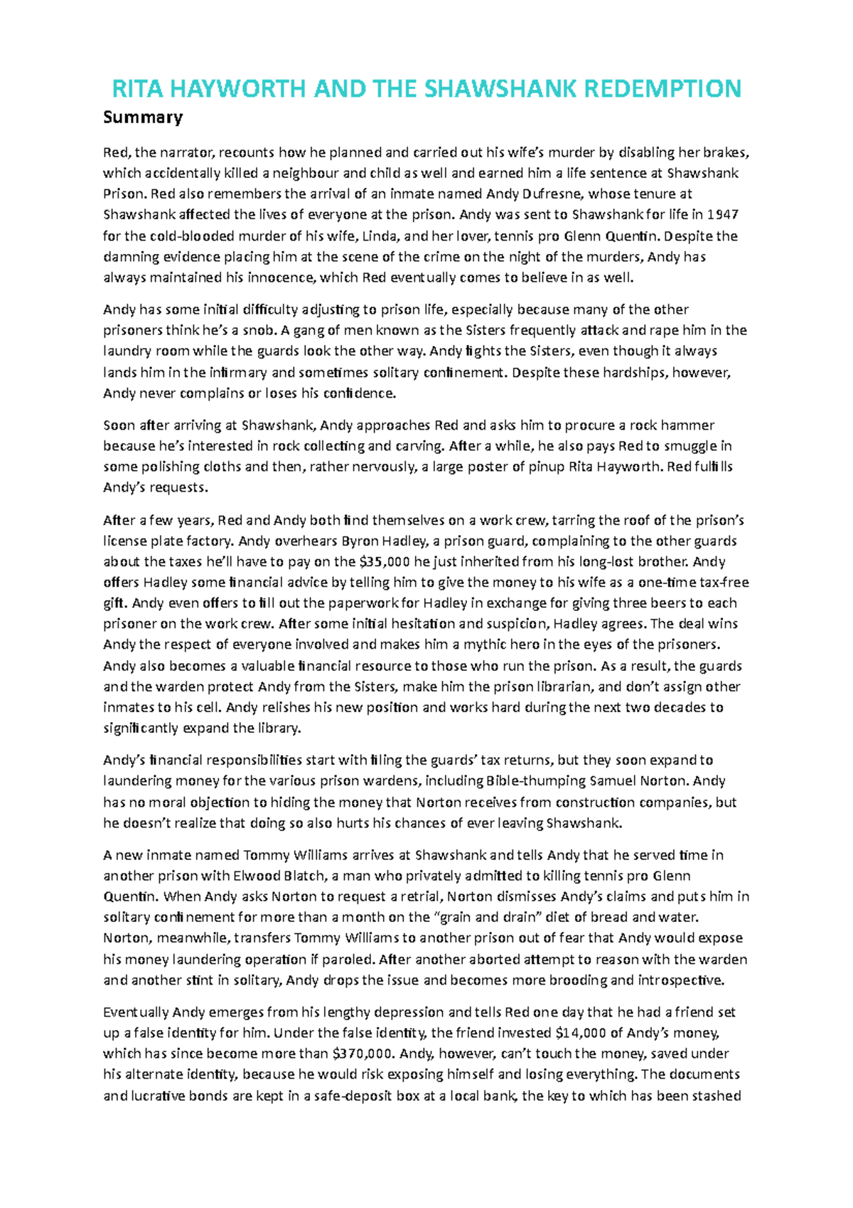 11 ENA01 - Rita Hayworth and the Shawshank Redemption Notes - Summary ...