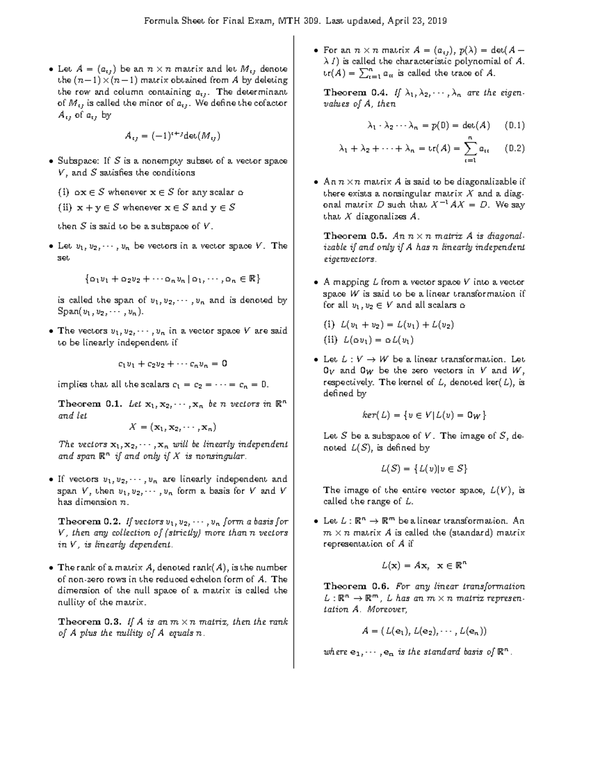Mth 309 formula sheet - Formula Sheet for Final Exam, MTH 309. Last updated, April 23, 2019 Let ...