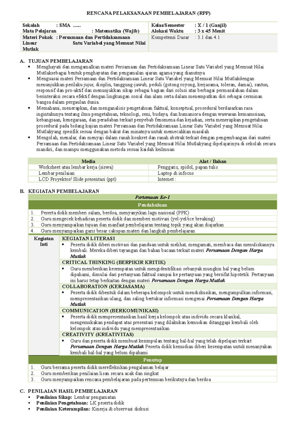 Centralpendidikan.com RPP I MTK Wajib 10 SEM 1 - RENCANA PELAKSANAAN ...