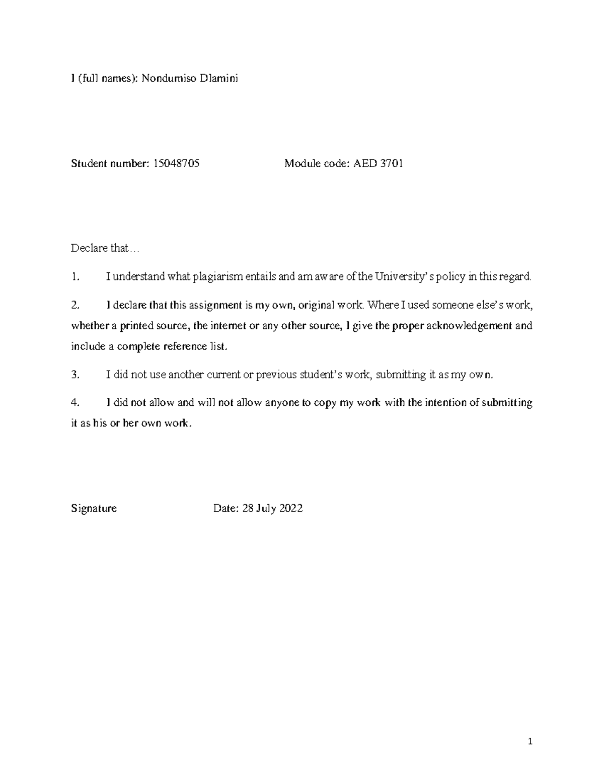 AED 3701 Assignment 2 - I (full names): Nondumiso Dlamini Student ...