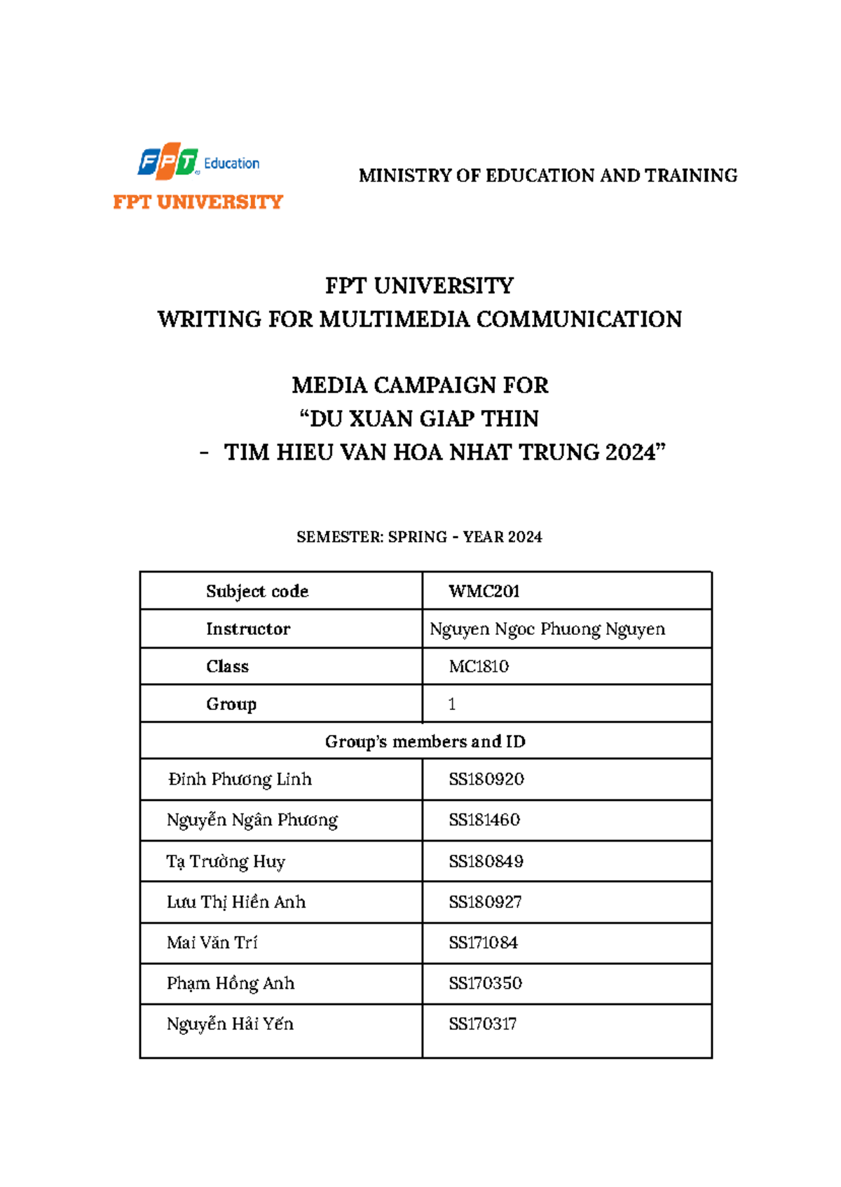 WMC Report - MINISTRY OF EDUCATION AND TRAINING FPT UNIVERSITY WRITING ...