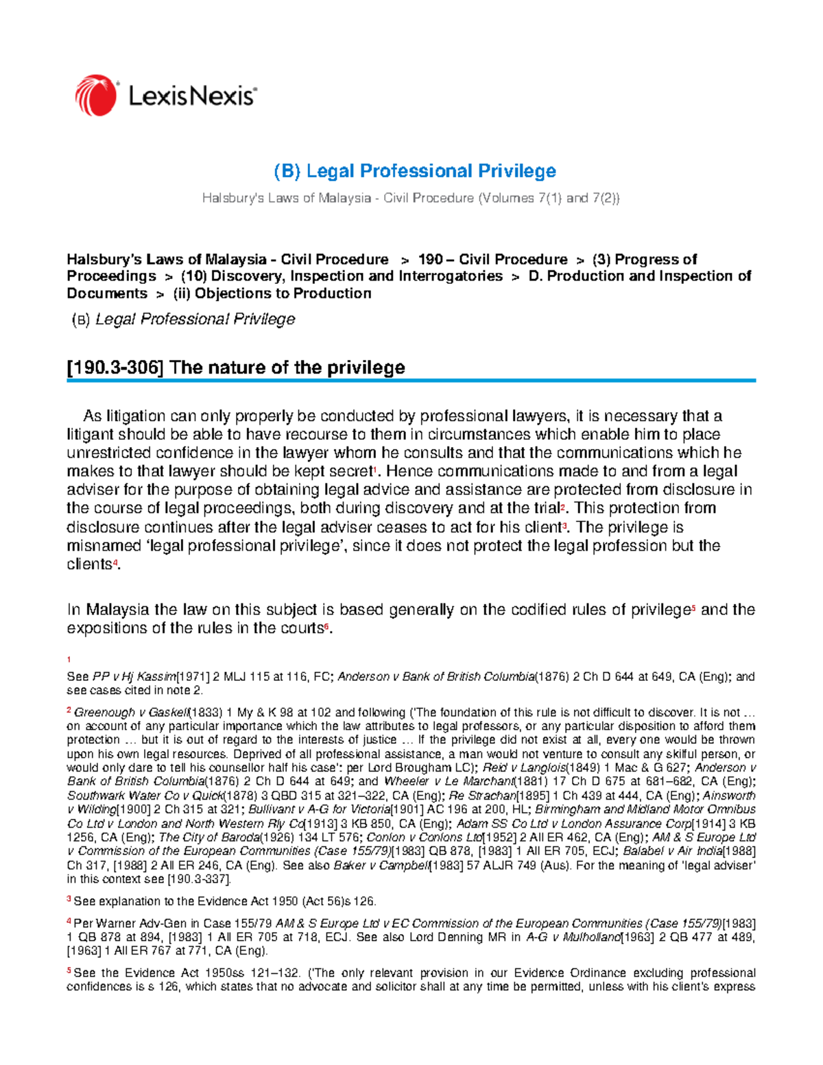 (B) Legal Professional Privilege - Halsbury's Laws of Malaysia - Civil ...
