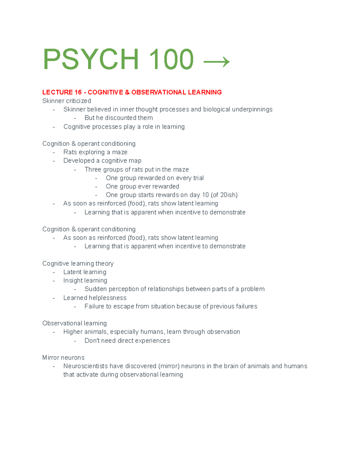 PSYCH 100 (1) - Lecture notes - PSYCH 100 → LECTURE 16 - COGNITIVE ...