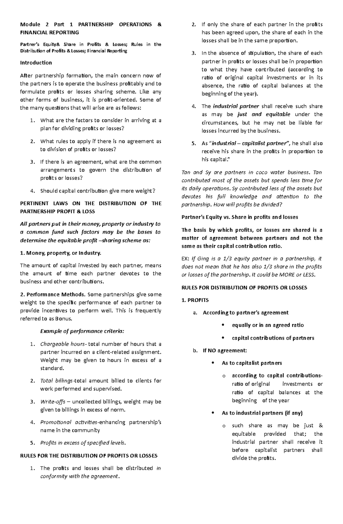 Module 2 Part 1 - Module 2 Part 1 PARTNERSHIP OPERATIONS & FINANCIAL ...