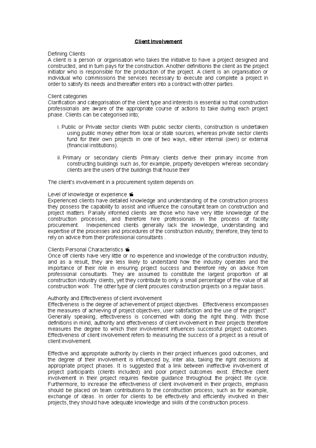 Client Involvement - notes - C lient Involvement Defining Clients A ...